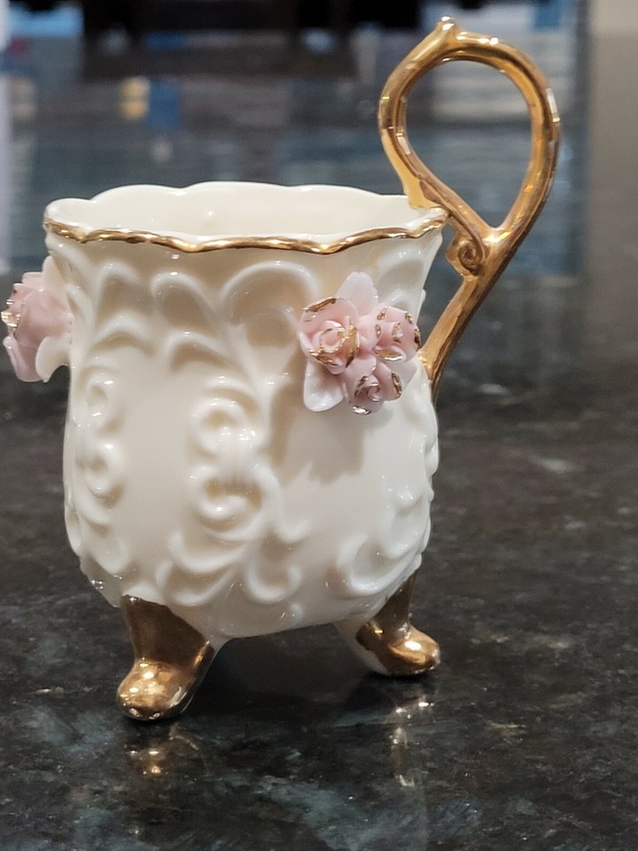Cracker Barrel Ivory Porcelain Tea Cup & RARE Saucer Gold & 3D Pink ...