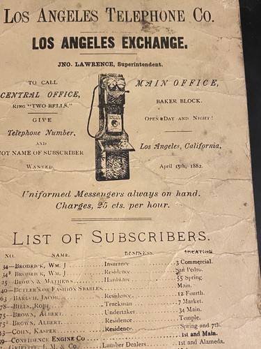 Vintage 1882 LA Telephone Company Company Directory | eBay
