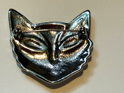 Vintage Silver Cat Kitty Brooch Pin With Black Stone Alien Eyes ...
