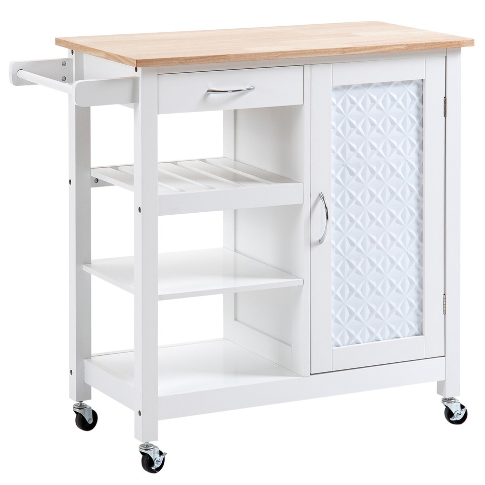 Compact Kitchen Trolley Utility Cart on Wheels with Embossed Door White ...