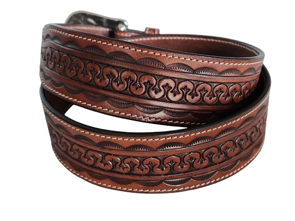 Western Ranger Tooled Chestnut Brown Tapered Leather Belt Size 40 42 44 ...