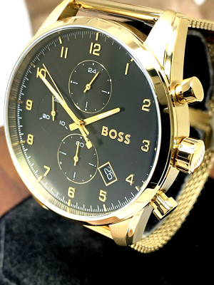 Hugo Boss Men's Watch 1513838 Quartz Chronograph Black Dial Gold Mesh ...