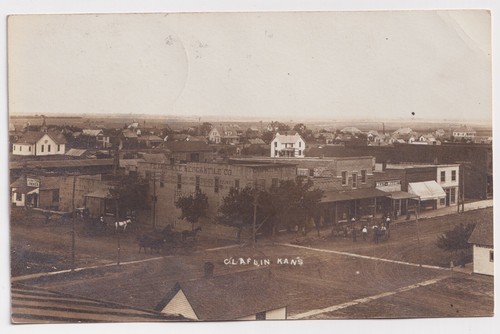 AREIAL VIEW OF CLAFLIN KANSAS, BARTON COUNTY- MEAT MARKET LUMBER STORE ...