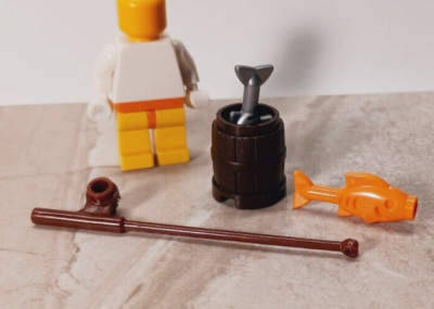 LEGO Short Fishing Pole Red Brown Barrel of Fish Orange Silver fish ...