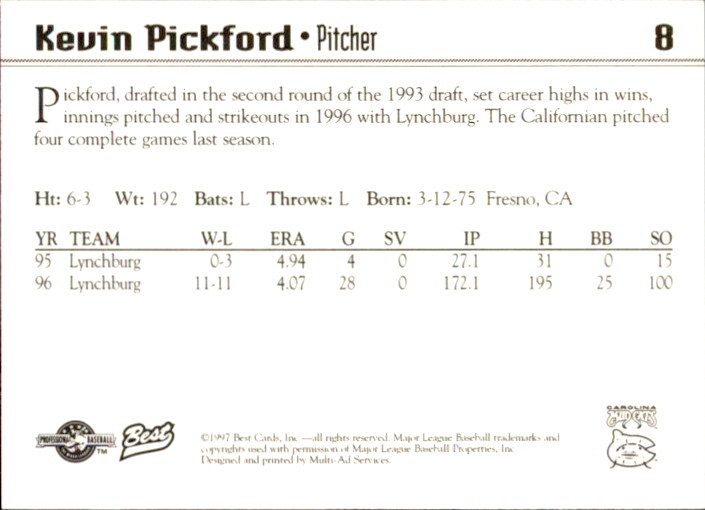 1997 Carolina Mud Cats Best #8 Kevin Pickford Fresno California CA ...