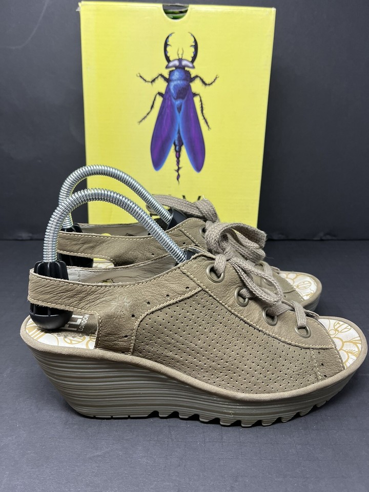 FLY LONDON YUTA CUPIDO Open Toe Lace Up Wedge Sandles Khaki Womens 41 ...