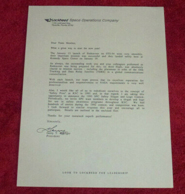 NASA STS-54 Letter Lockheed Space Operations Launch Space Shuttle ...