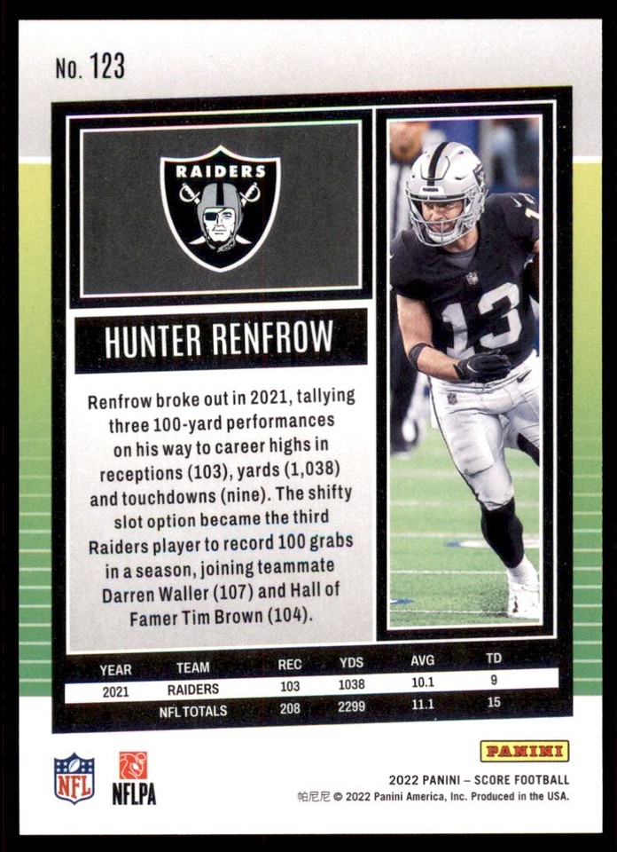 2022 Score Hunter Renfrow Las Vegas Raiders #123 | eBay
