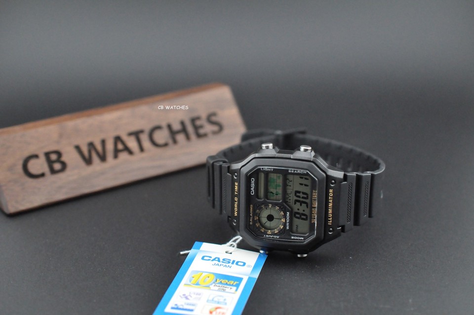 Casio AE-1200WH-1B Digital Stopwatch World Time Black Resin Mens 10 ...