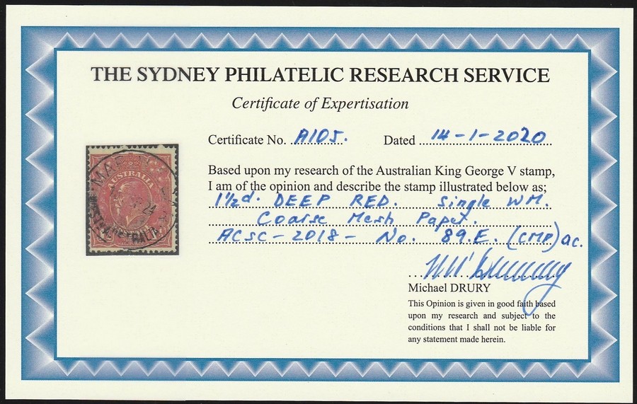 AUSTRALIA 1924 KGV 1½d Deep red thick coarse mesh paper Single wmk ...