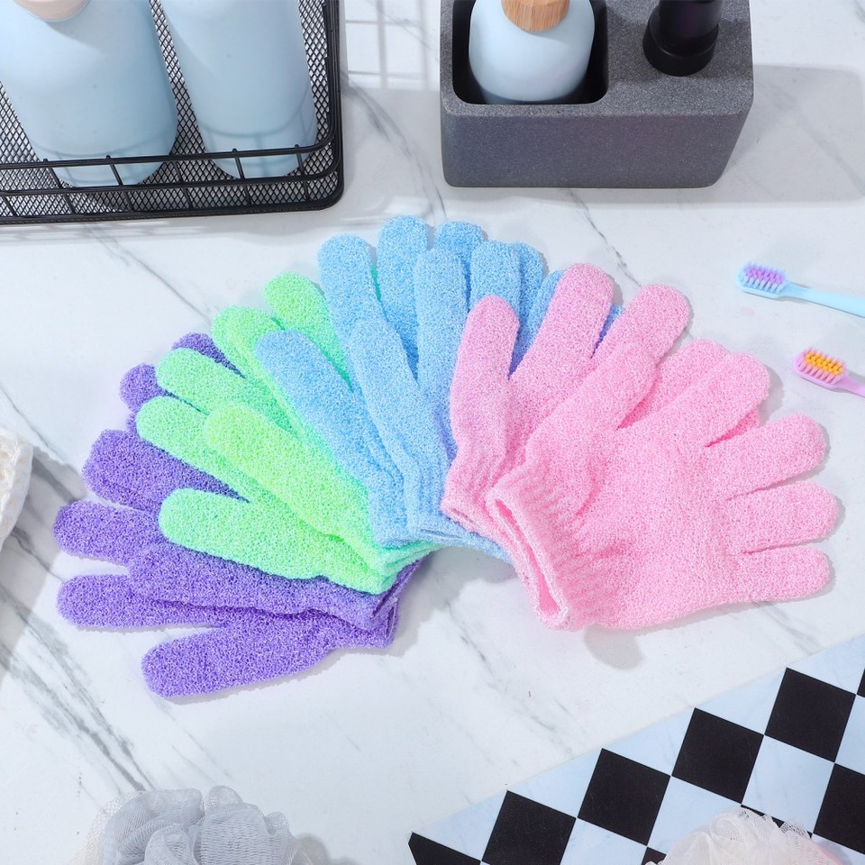 4 Pairs Polyester Shower Gloves Five Finger Bath Gloves Body Scrub ...