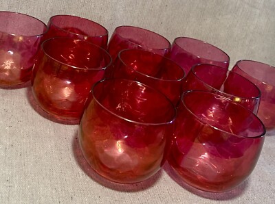 RARE VTG Cranberry Pink Punch Bowl Hand Blown Glass Cups Only Handle ...