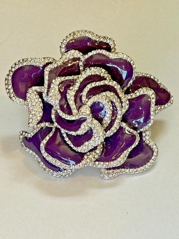 LARGE JOAN RIVERS GARDENIA FLOWER BROOCH ENAMEL & SWAROVSKI CRYSTALS 3 ...