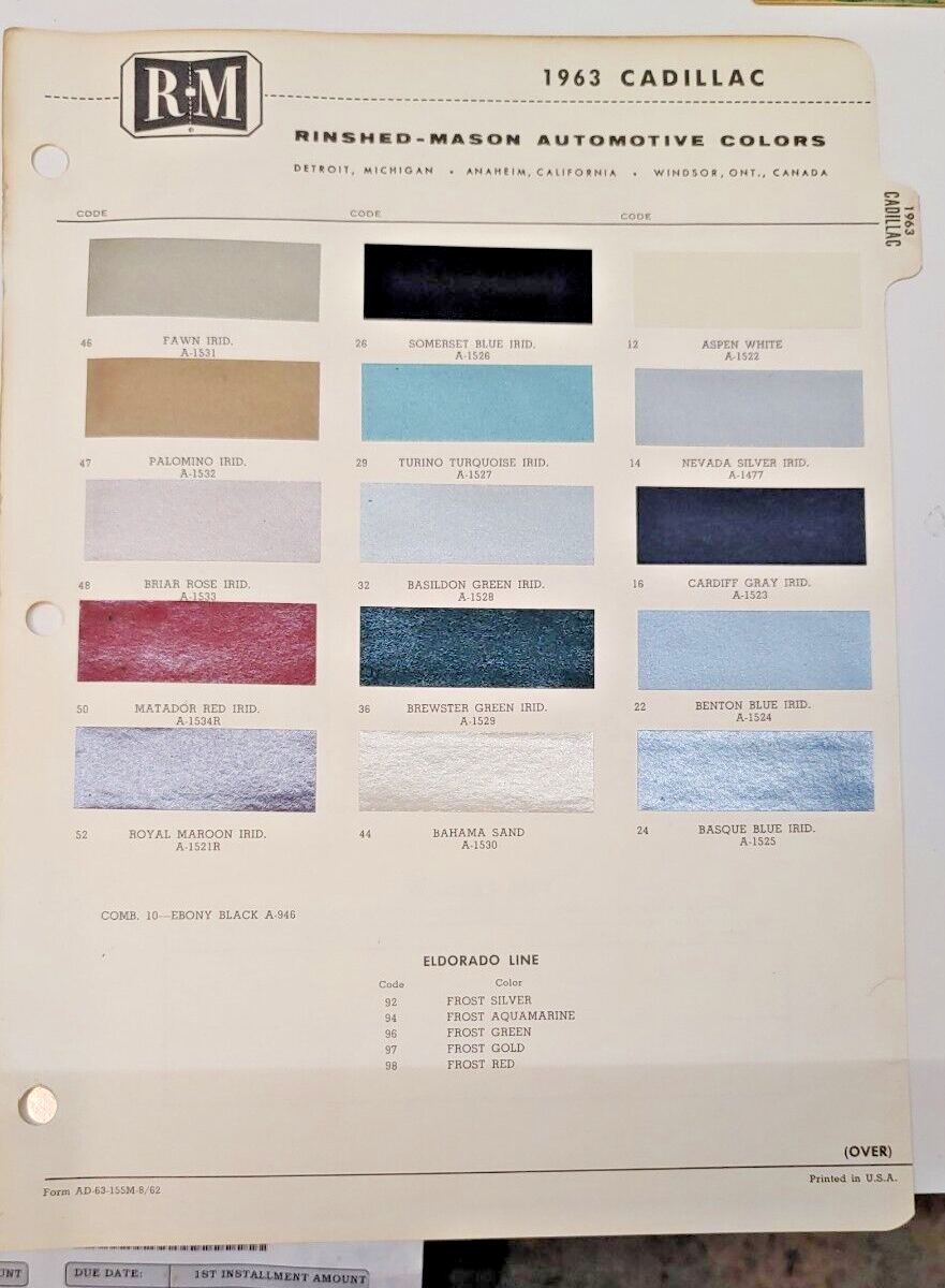 Rinshed Mason R-M Color Paint Chips 1963 Cadillac Colour | eBay