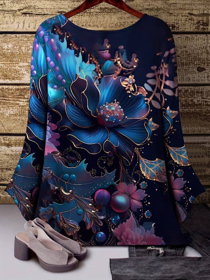 PLUS SIZE 18 22 24 BLUE FLORAL LONG FLARED SLEEVE T SHIRT TOP BLOUSE ...