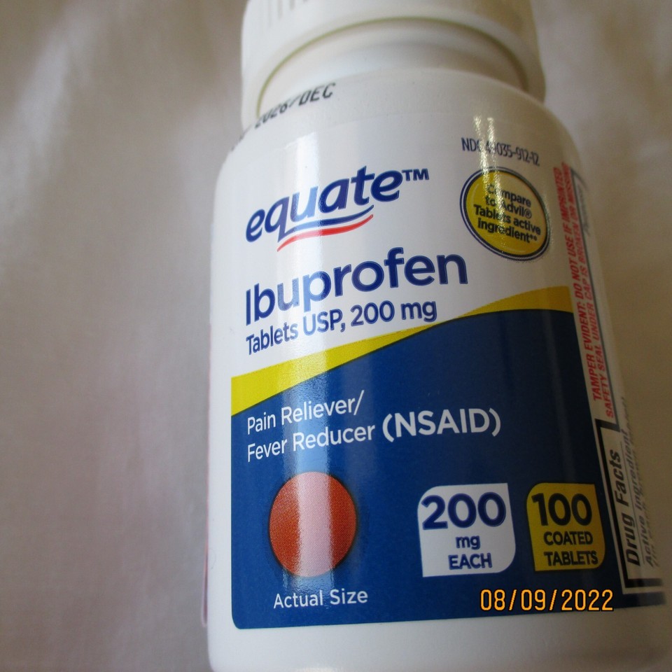 Equate Ibuprofen 100 Coated Tablets 200mg Pain Reliever Fever Reduce ...