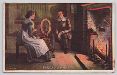 Priscilla and John Alden Spinning Wheel Fire Pilgrim Postcard | eBay