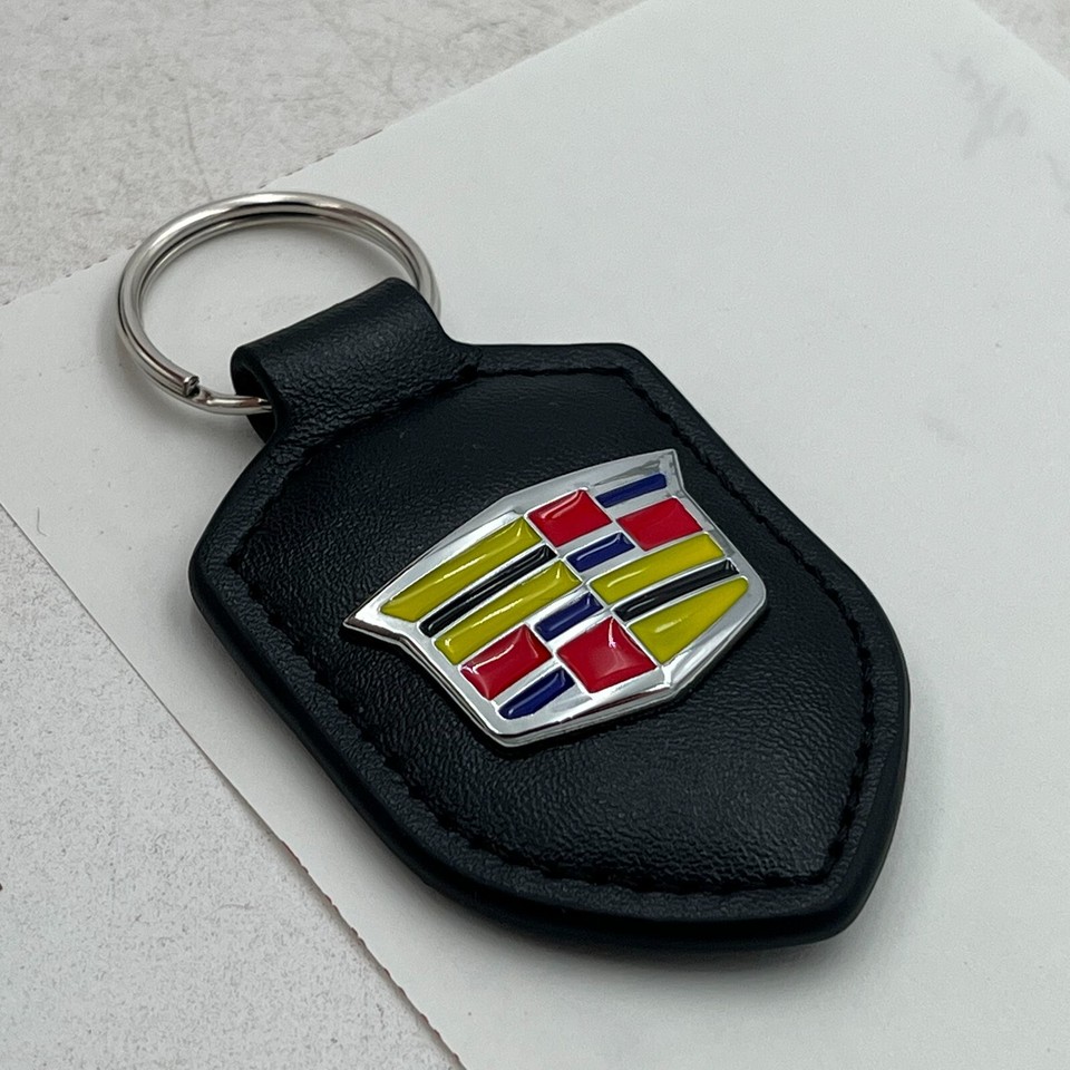 Black Leather Keychain Cadillac Metal Enamel Emblem Key Fob Gift ...