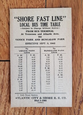 1942 ATLANTIC CITY & SHORE RAILROAD SHORE FAST LINE BUS TIME TABLE NEW ...