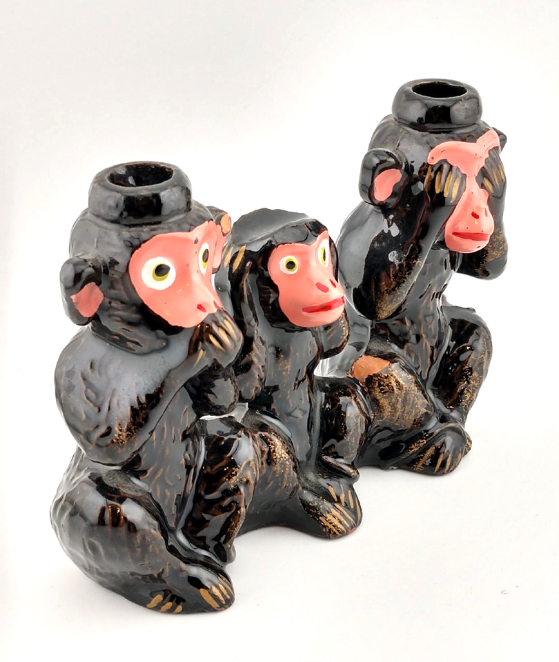 Three (3) Brown/Pink Ceramic Monkeys in the "See, Hear, Speak No Evil ...