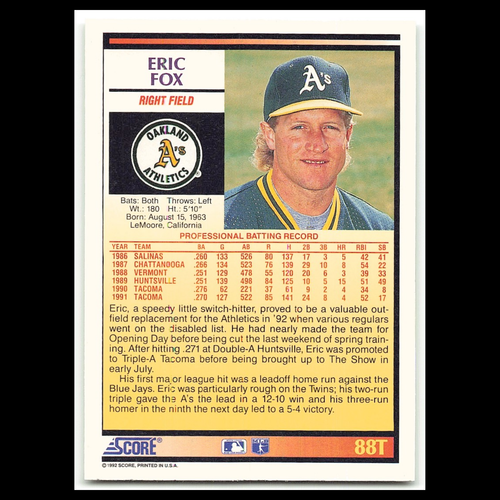 Eric Fox #88T 1992 Score Rookie - Traded Oakland Athletics Baseball ...