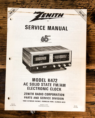 Zenith K472 Radio Service Manual *Original* | eBay
