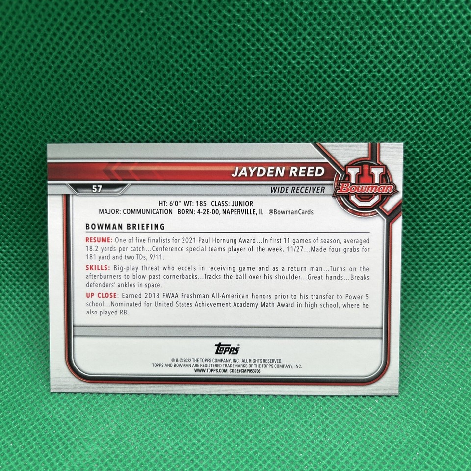 Jayden Reed 2022 Bowman University 1st #57 Michigan St. Spartans | eBay