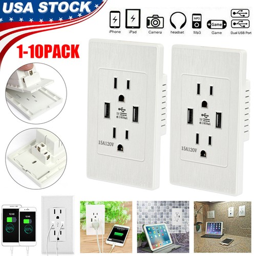 Dual Wall Outlet with USB Ports Charger AC Power Receptacle Plate Panel ...