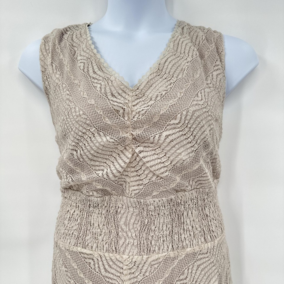 CJ Banks Dress Womens 1X Beige Sleeveless Lace Mesh Overlay Lined V ...