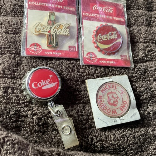2 Coca Cola Collectible PINS Wooden Nickel Badge Holder | eBay