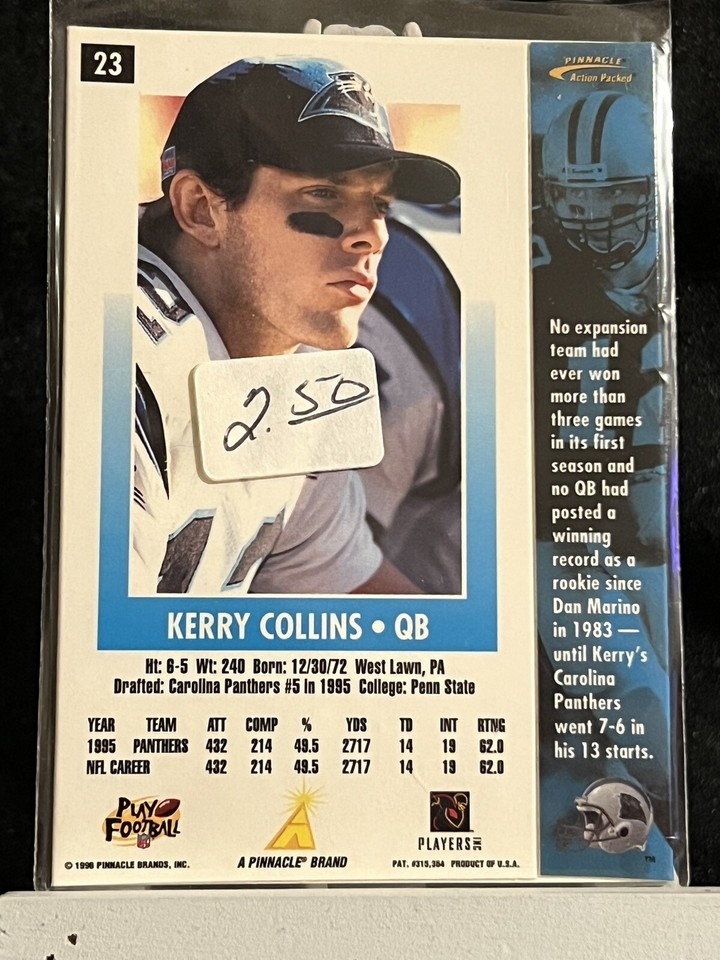 1996 Action Packed Kerry Collins #23 Carolina Panthers Football NFL ...
