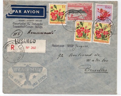 1953 Belgian Congo Lusambo to Brussels 12.5 Fr Registered Airmail Kasai ...