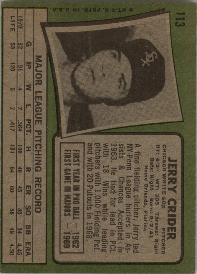 1971 Topps #113 Jerry Crider - VG | eBay