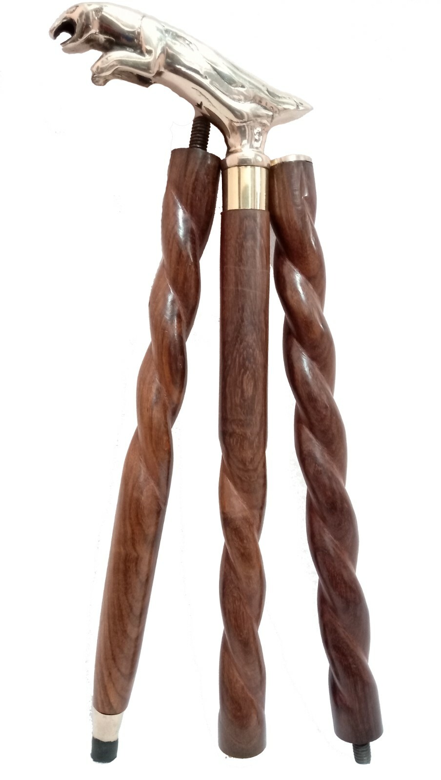 Jaguar brass handle walking stick cane three fold woo… - Gem