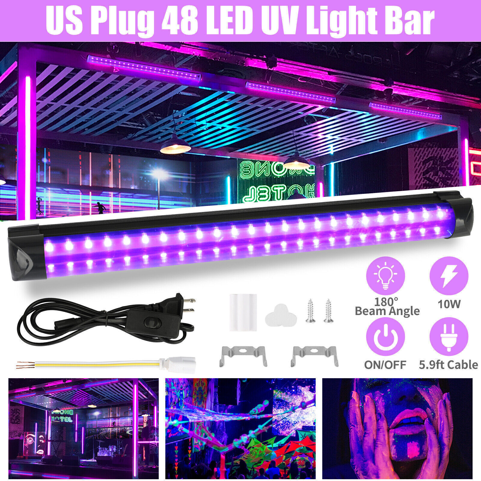 48 LED UV Black Light Bar Fixtures Ultraviolet Lamp Strip US Plug DJ ...