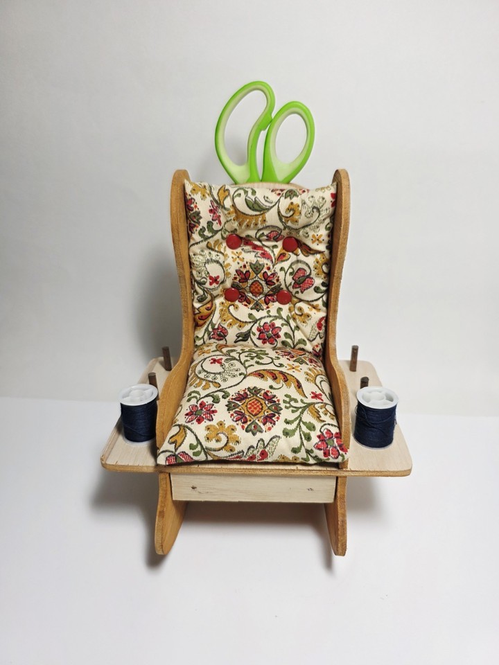 Vintage wooden rocking chair pin cushion and thread spool holder. | eBay
