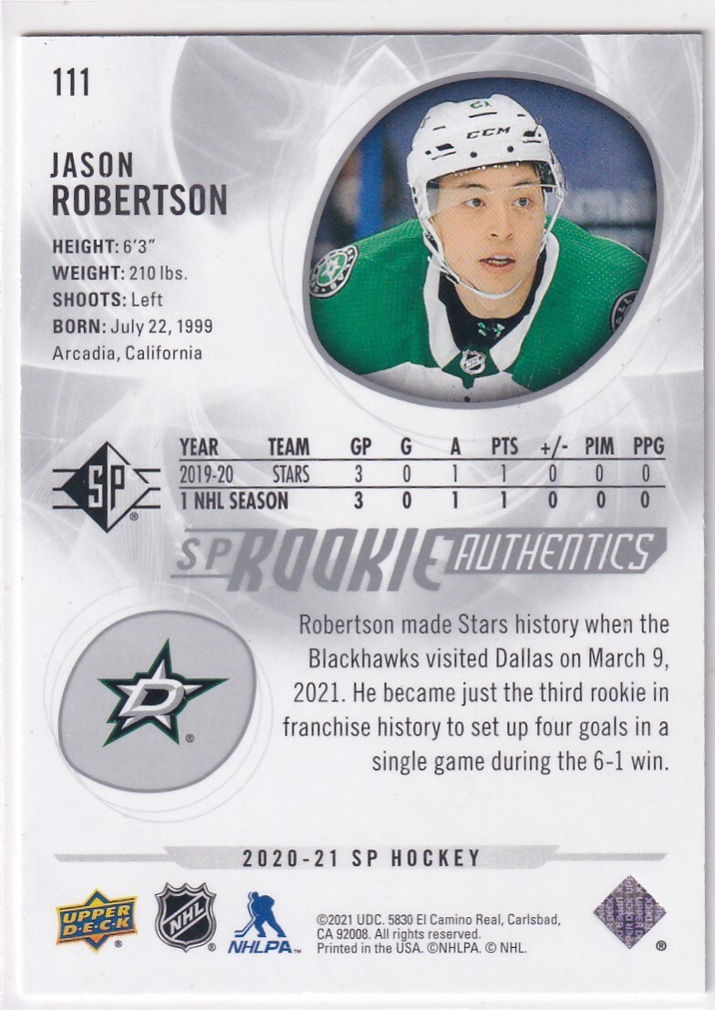 2020-21 SP Authentic Jason Robertson Rookie Authentics Silver #0533/ ...