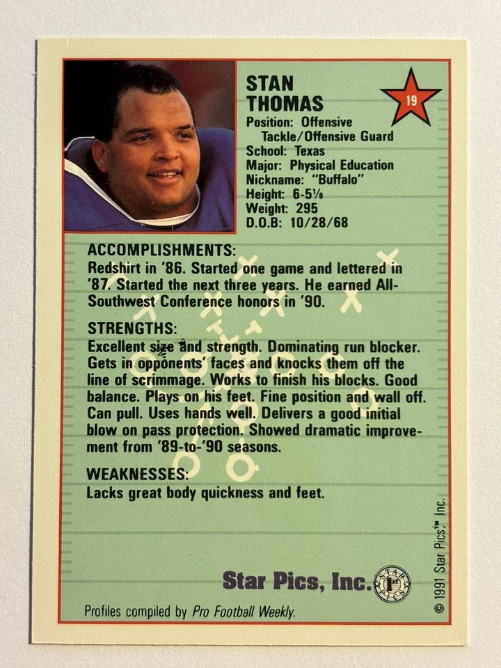 STAN THOMAS TEXAS LONGHORNS 1991 STAR PICS #19 AUTOGRAPHED FOOTBALL ...