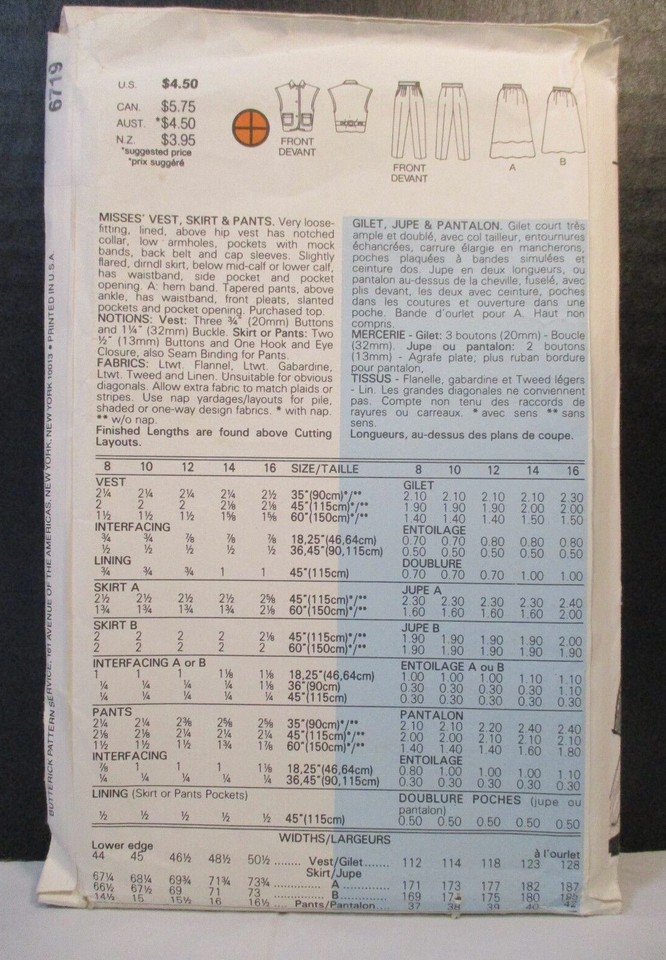 Butterick Pattern 6719 Miss Size 10 Bust 32 1/2" Vest Skirt Pants Uncut ...