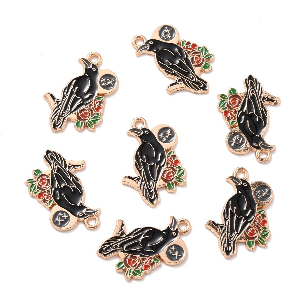 Enamel Charms Gothic Black Crow Raven Bird With Red Rose Gold Base 26mm ...