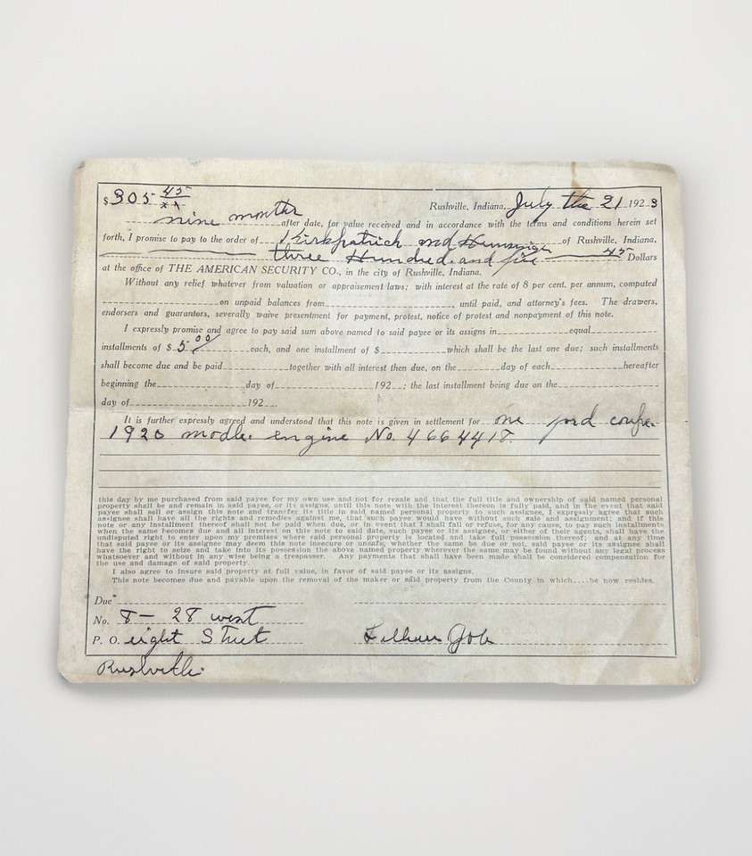 1920 Ford Coupe Historical Document Loan Agreement Title Paperwork ...