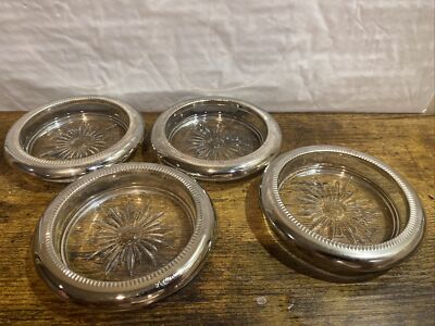 Vintage*Leonard Silver Plated Collar Rim Crystal Glass Coasters Set Of ...