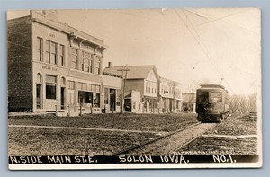 SOLON IA MAIN STREET w/ TROLLEY collage? ANTIQUE REAL PHOTO POSTCARD ...