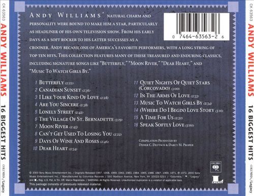 ANDY WILLIAMS 16 BIGGEST HITS NEW CD 74646356326 | eBay