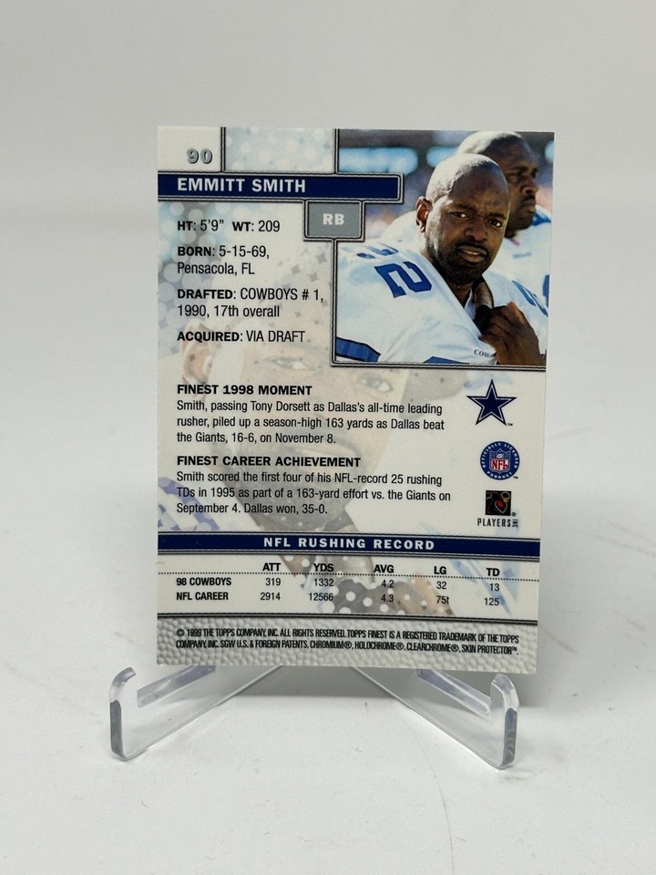 1999 Topps Finest Football Emmitt Smith Card #90 Unpeeled | eBay