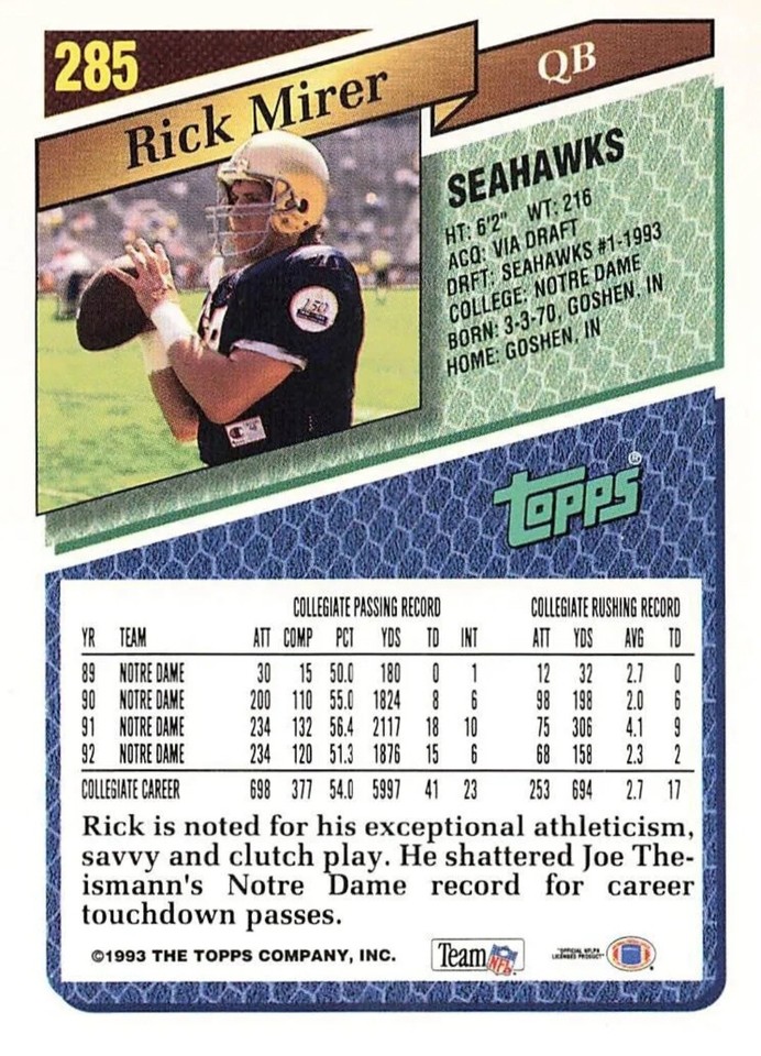 1993 Topps Rick Mirer Draft Pick #285 Rookie Football Card Sesttle ...