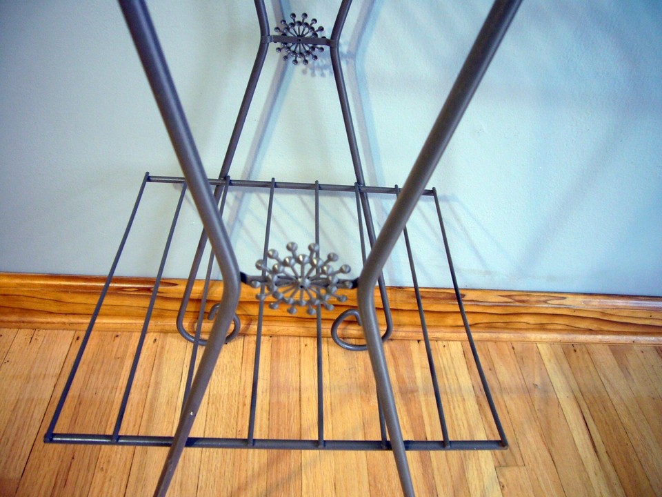 Vintage MCM Wrought Iron Metal Plant Stand Rack Shelf 2 Tier Wire Table ...