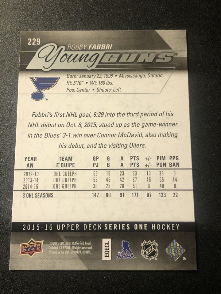 2015-16 Upper Deck Robby Fabbri Young Guns #229 Rookie RC | eBay