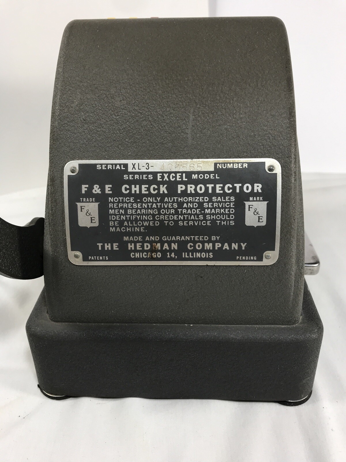 The Hedman Co. F& E Check Protector Embosser Machine Series XL-3 Model ...