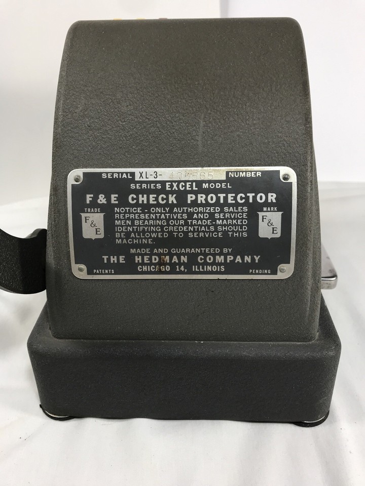 The Hedman Co. F& E Check Protector Embosser Machine Series XL-3 Model ...